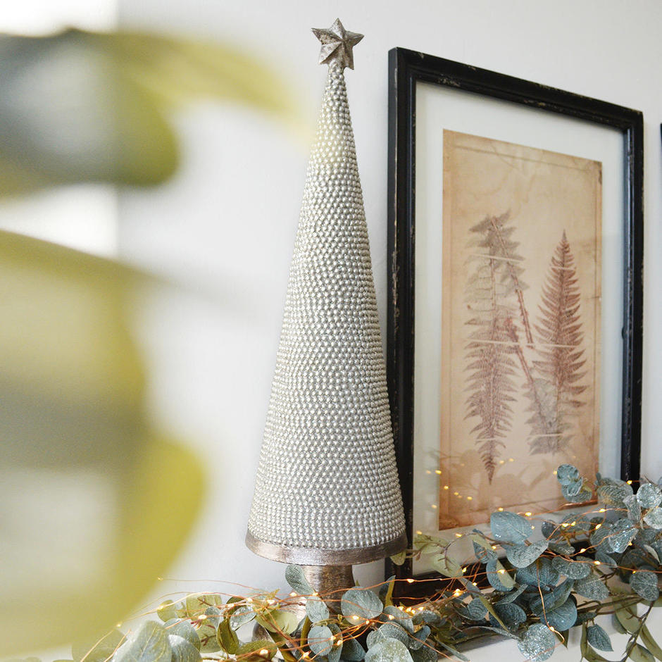Buy Heavily Beaded Silver Cone Christmas Tree — The Worm that Turned ...